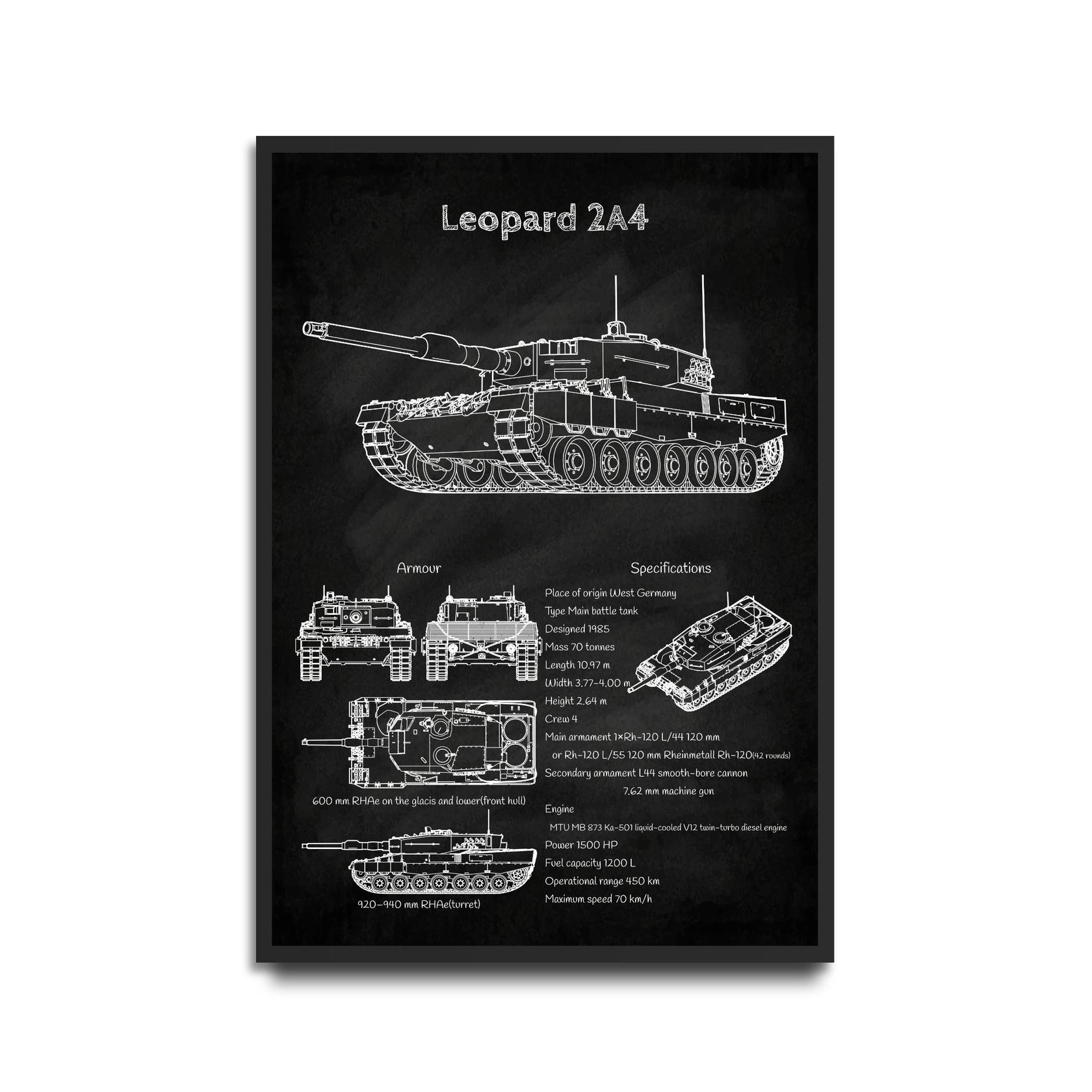 Leopard 2 Main Battle Tank Blueprint Poster | Armored Warfare Wall Art ...