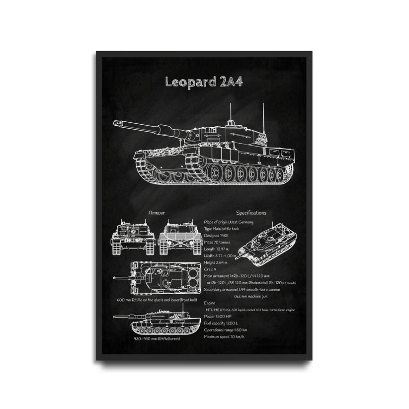 Leopard 2 Main Battle Tank Blueprint Poster | Armored Warfare Wall Art ...