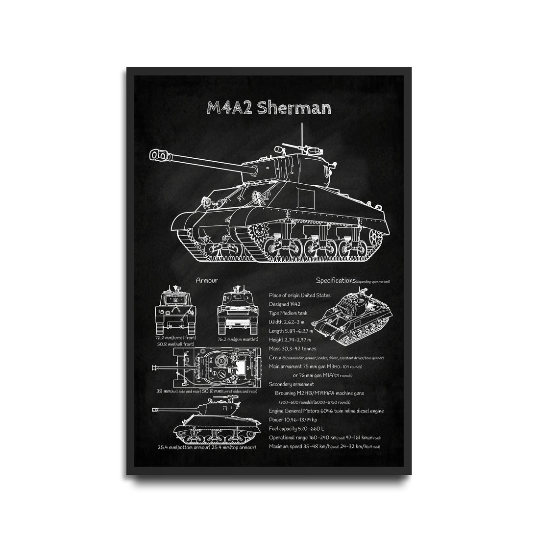 M4 Sherman Medium Tank Blueprint Poster | WWII Armored Vehicle Wall Art ...