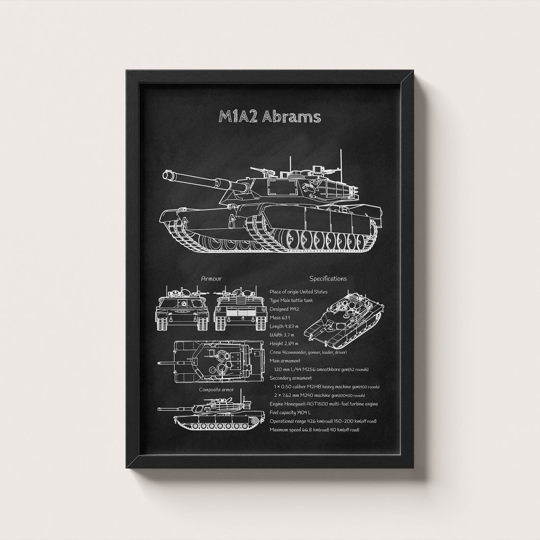 M1 Abrams Main Battle Tank Blueprint Poster | Military Tank Wall Art ...