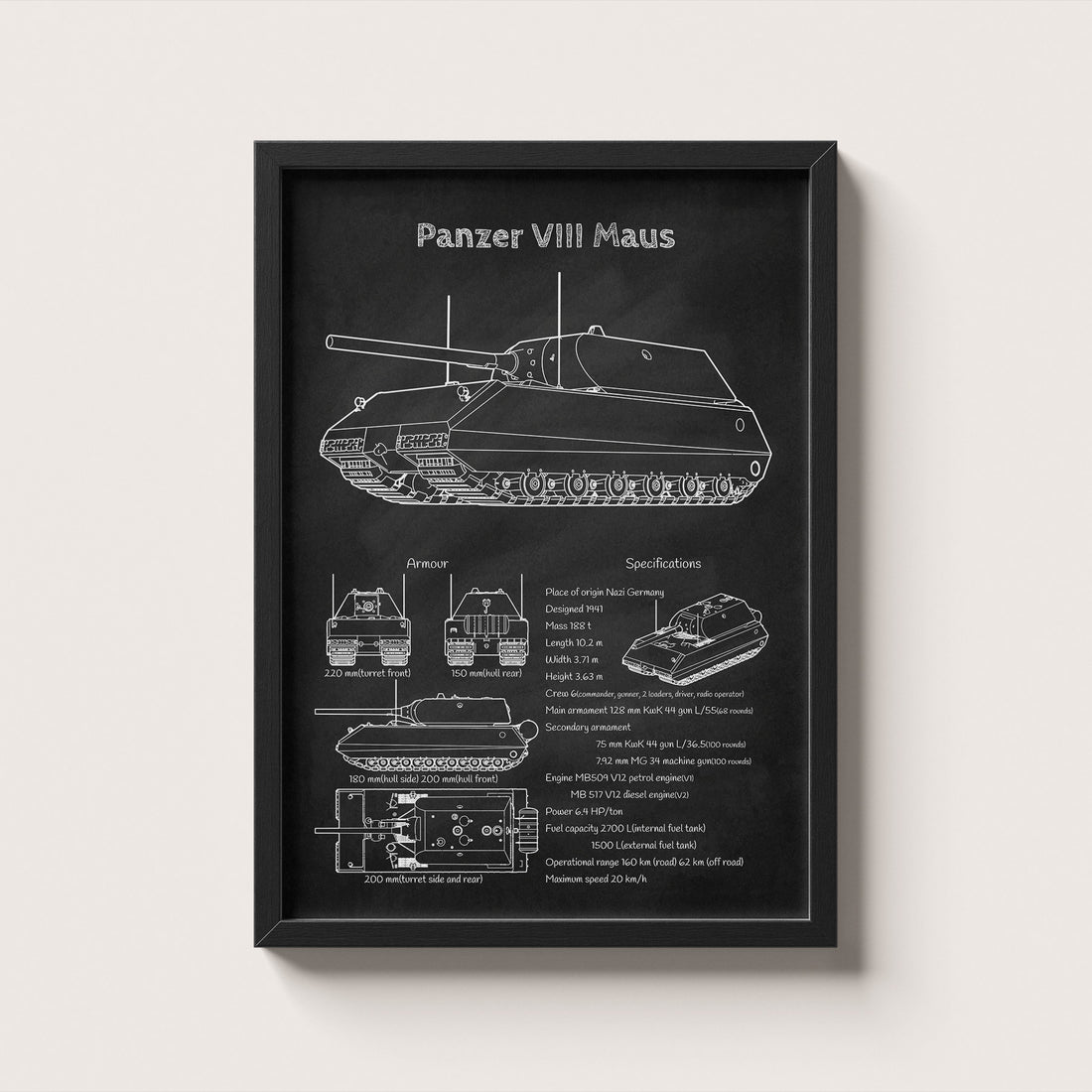Panzer VIII Maus Super-Heavy Tank Blueprint Poster | WWII Military Wall ...